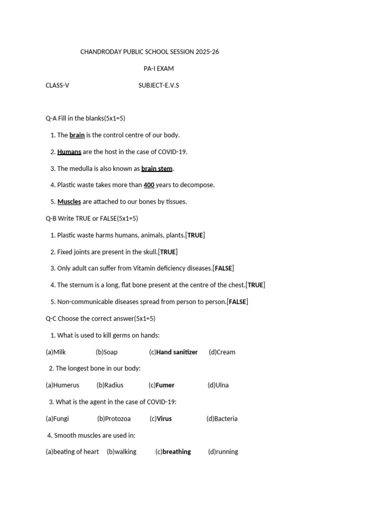 EVS Exam Questions for Class V | PDF | Vertebra | Muscle