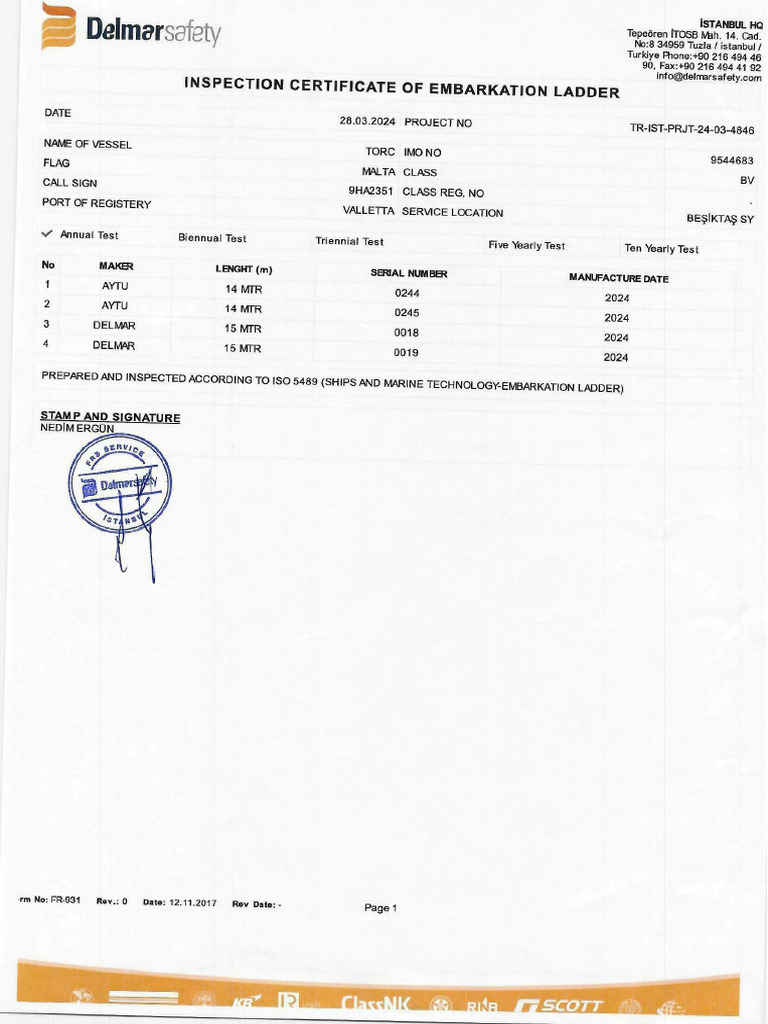 40-Embarkation Ladder Certificate | PDF