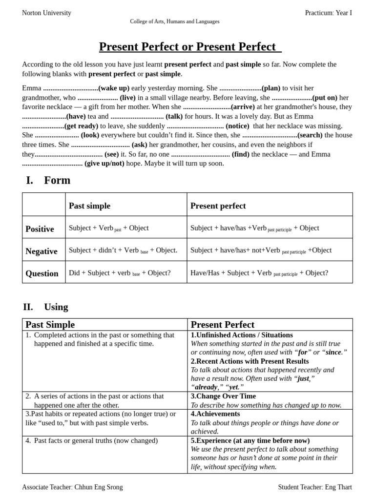 Handout Practicum Past Simple and Present Perfect Eng Thart | PDF | English Language | Syntax