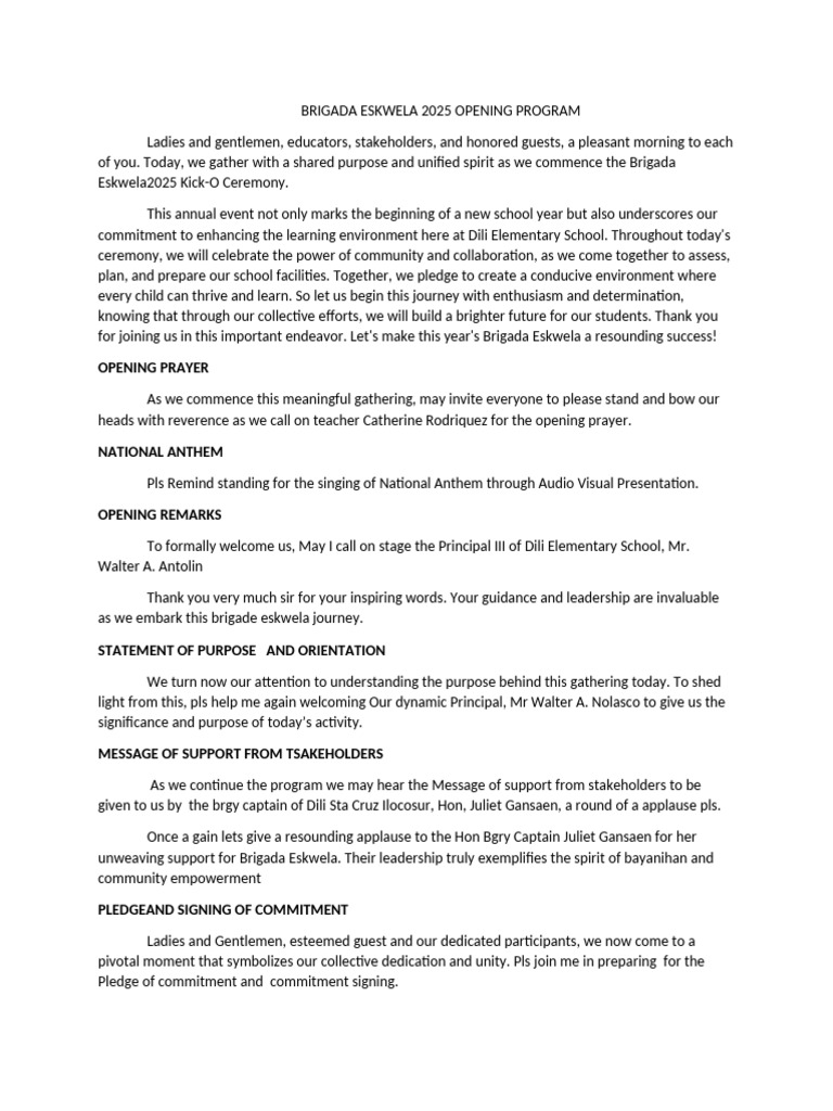 BRIGADA ESKWELA 2025 OPENING PROGRAM - Script | PDF
