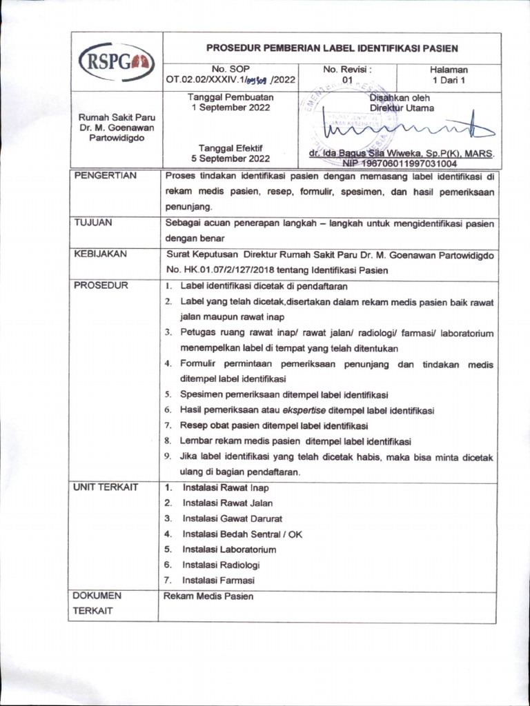 SOP Pemberian Label Identifikasi Pasien | PDF