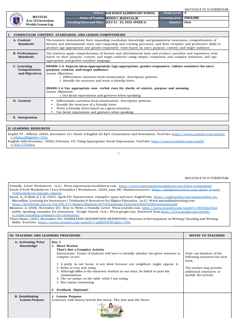 Grade 4 English Week 6 Lesson Plan | PDF | Curriculum | Learning