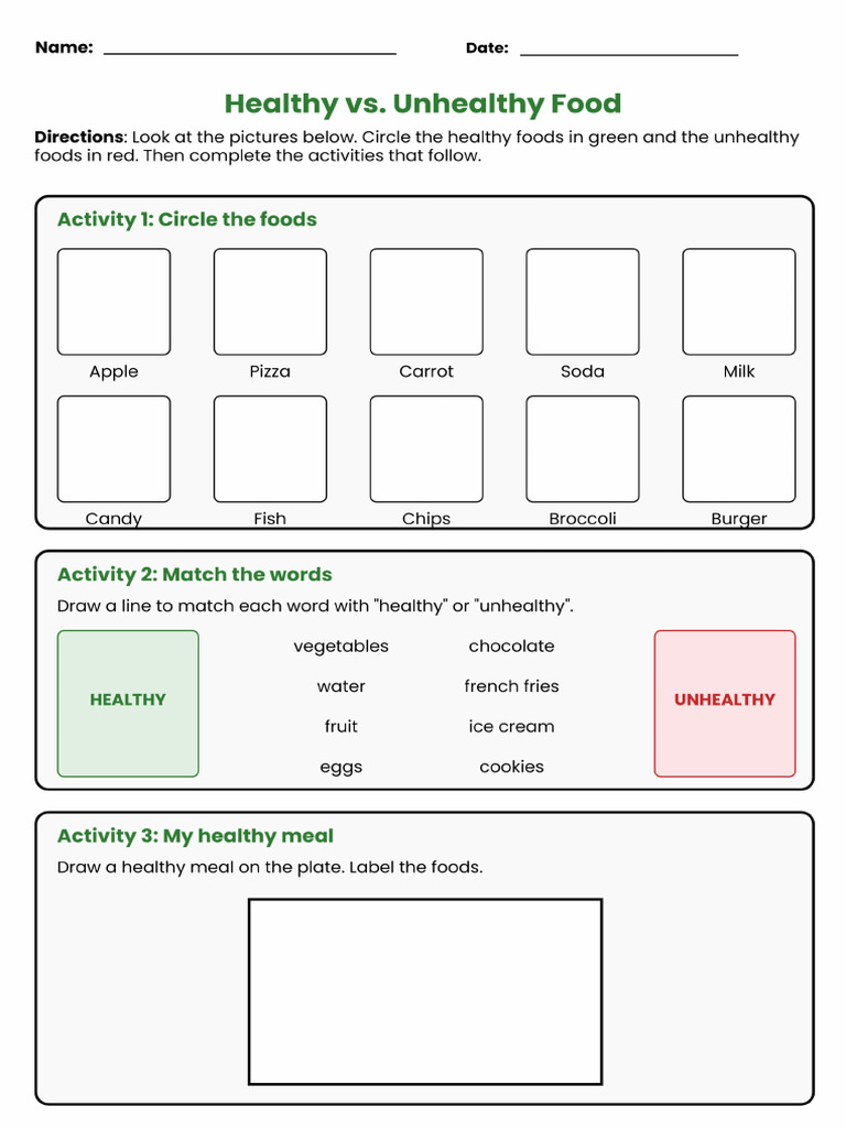 Healthy vs. Unhealthy Foods Activities | PDF