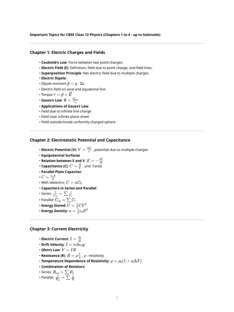 Cbse Class12 Physics Ch1to4 Important Topics | PDF | Capacitance | Magnetic Field