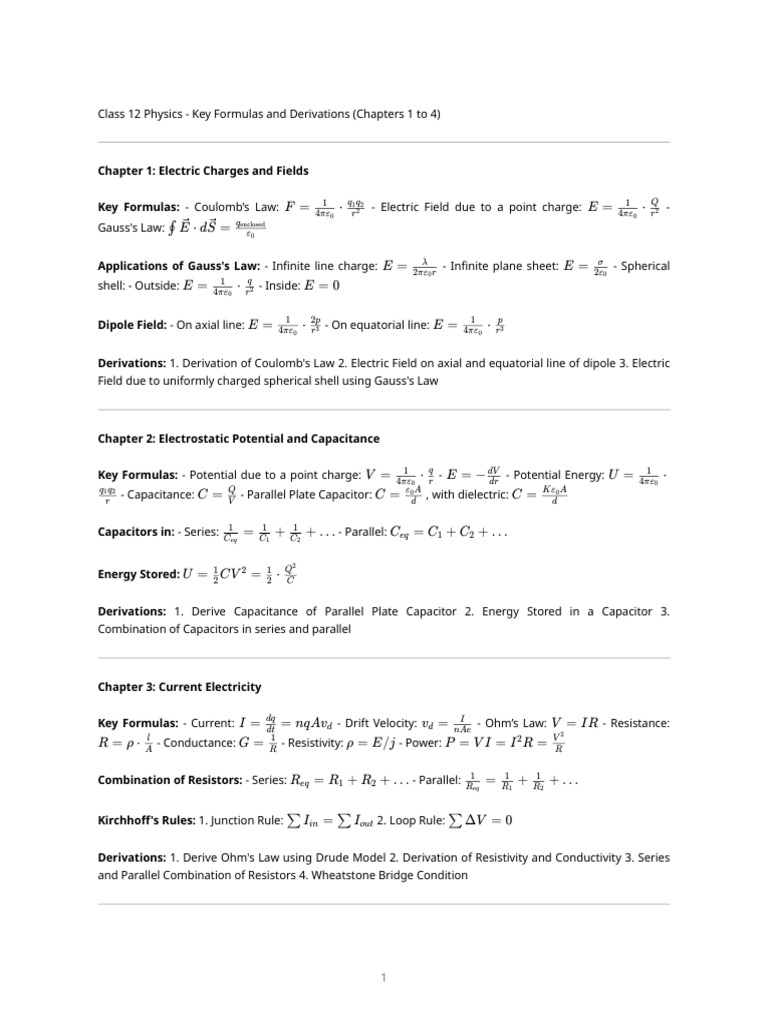 Class12 Physics Formulas | PDF | Capacitance | Capacitor