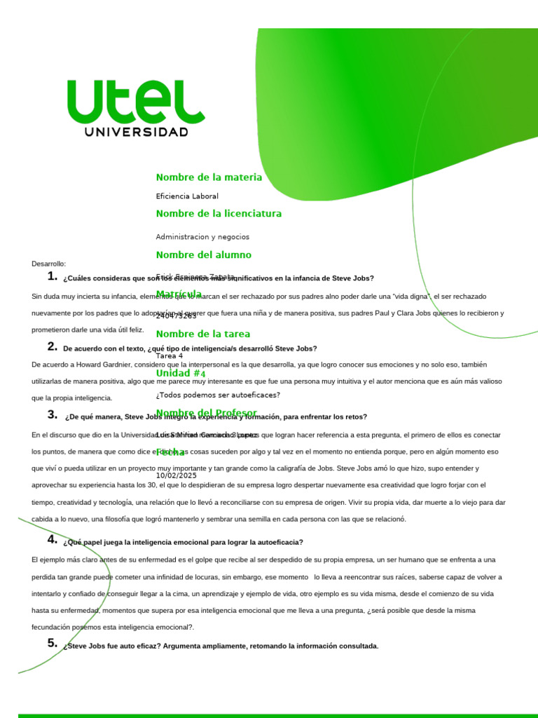 Espinoza Zapata Tarea4 Eficiencia Laboral | PDF | Autoeficacia | Ciencias del comportamiento