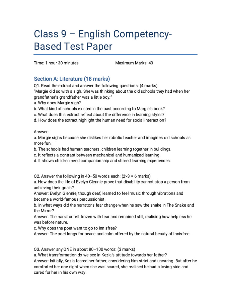 Class 9 English Test Paper | PDF