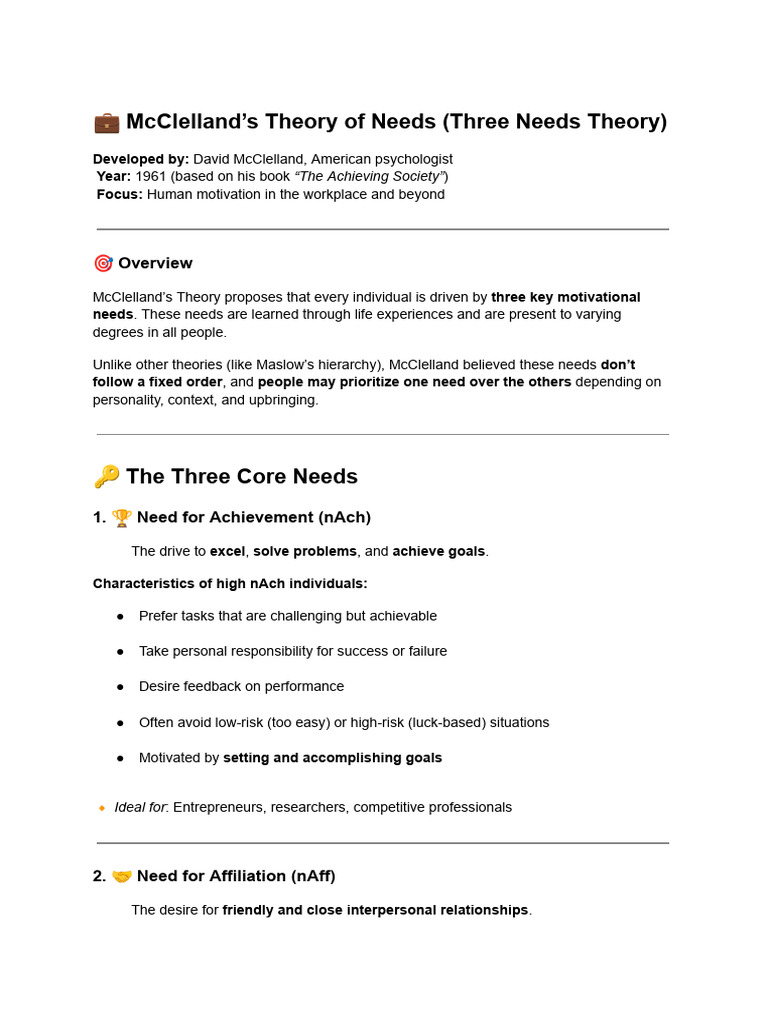 McClelland's Three Needs Theory Explained | PDF | Motivational | Motivation