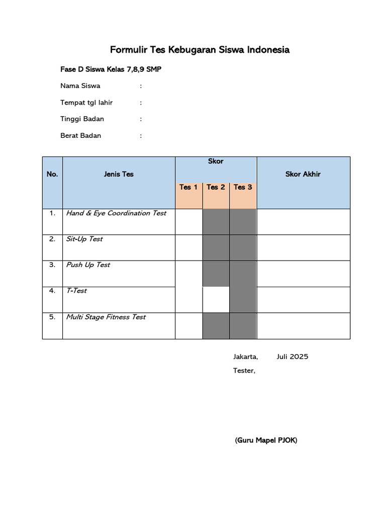 Formulir Tes Kebugaran Siswa SMP | PDF