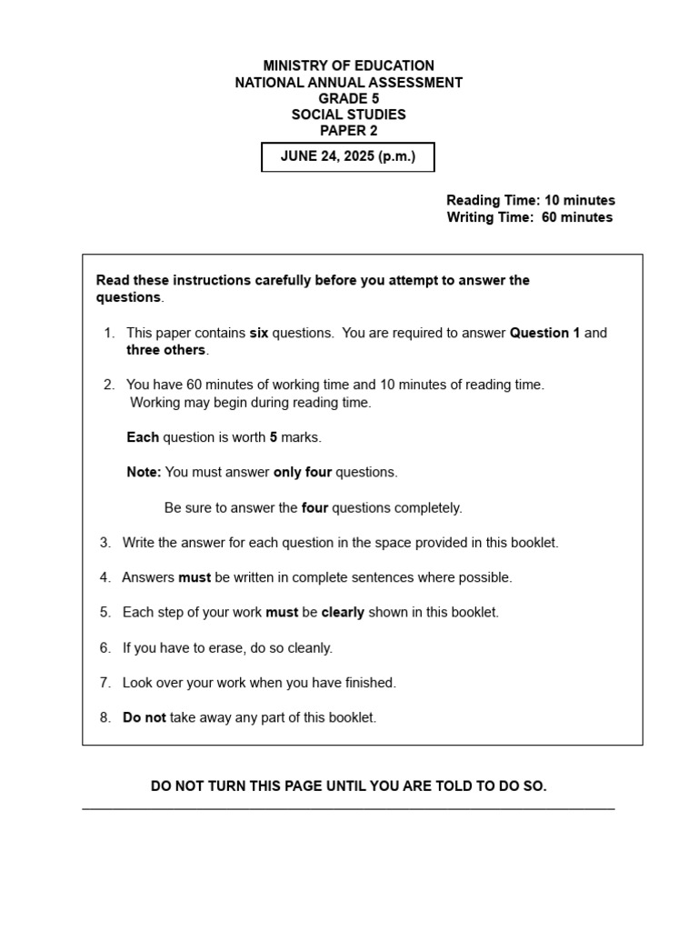 Grade 5 Social Studies Assessment 2025 | PDF