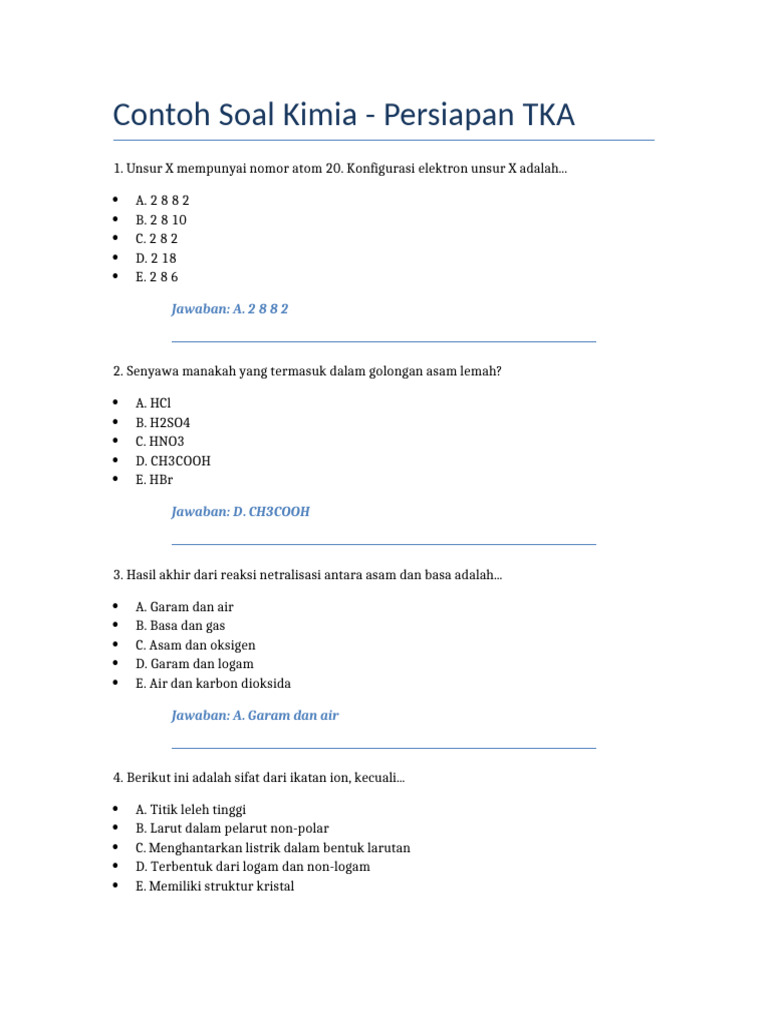 Contoh Soal Kimia TKA | PDF