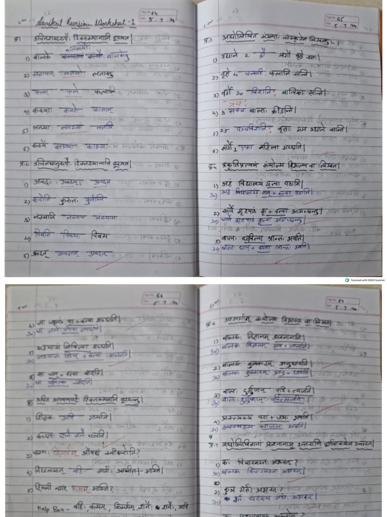 Sanskrit Class 7 Revision Worksheet Pt1 | PDF
