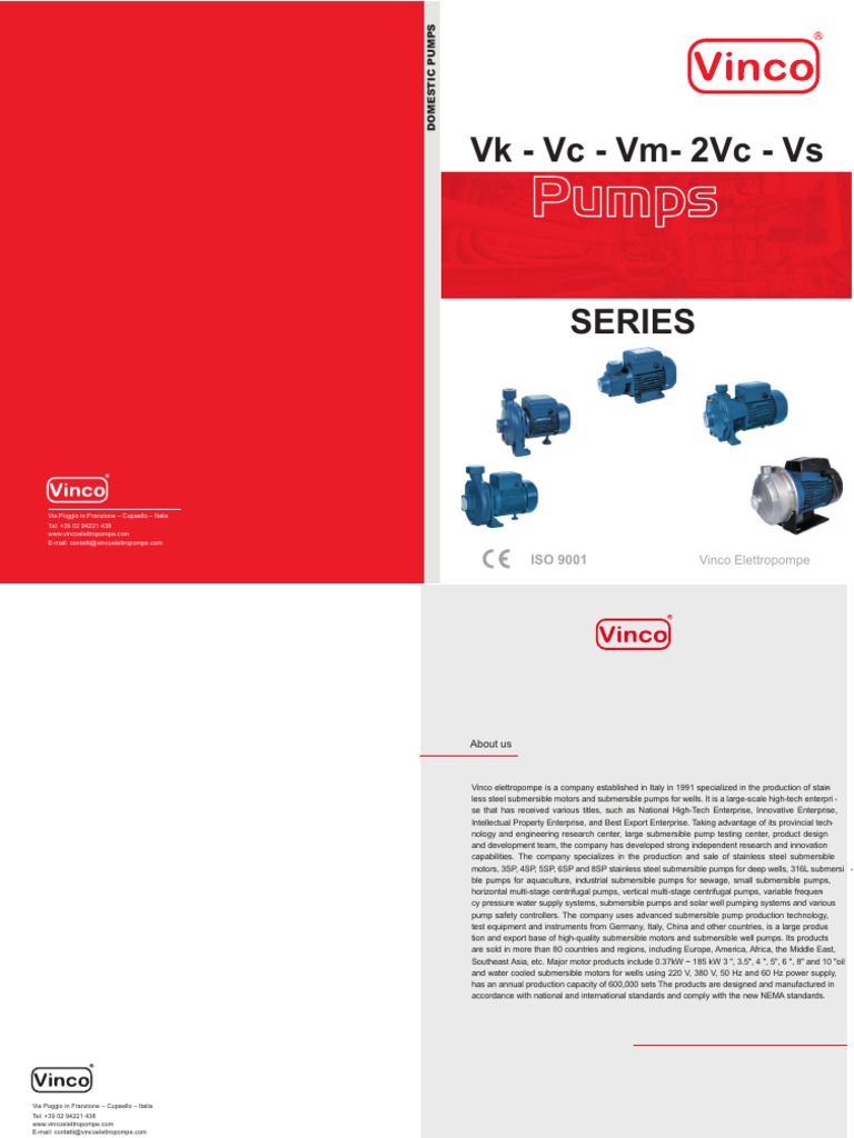 Vinco Centrifugal Pumps Overview | PDF | Pump | Electric Motor