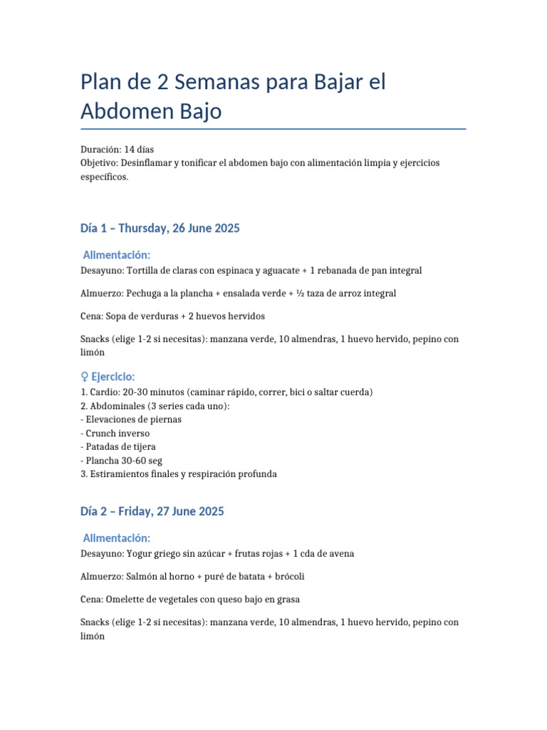 Plan Abdomen Bajo 2 Semanas | PDF | ensalada | Almuerzo