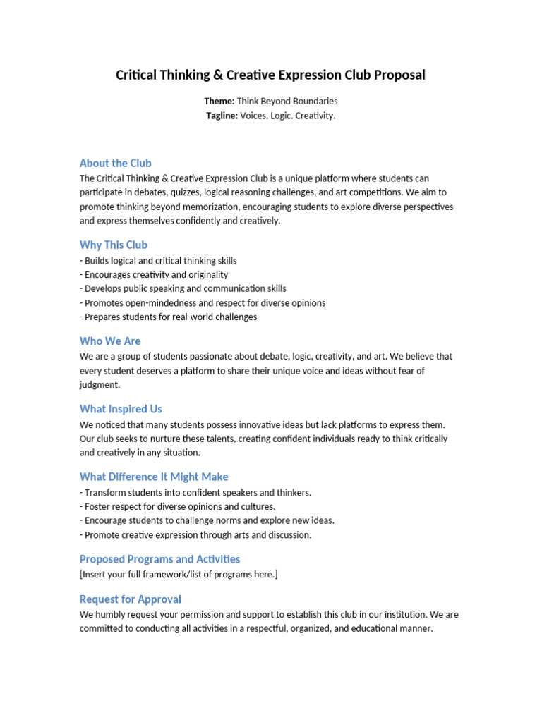 Critical Thinking Club Proposal | PDF