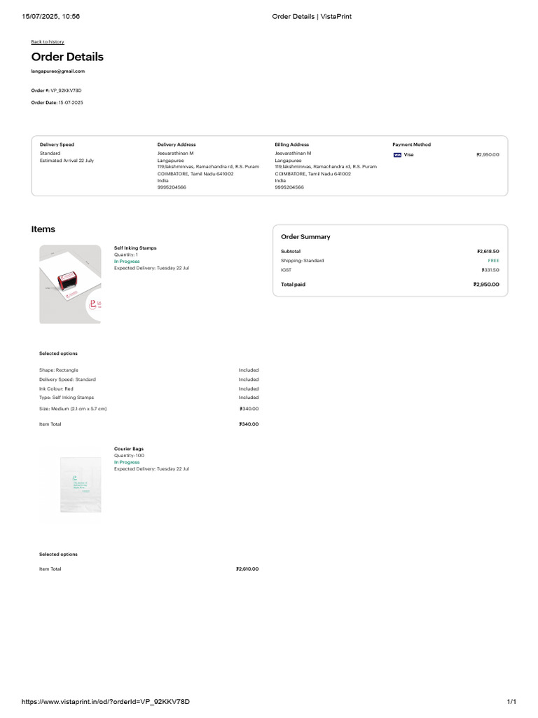 Order Details - VistaPrint | PDF