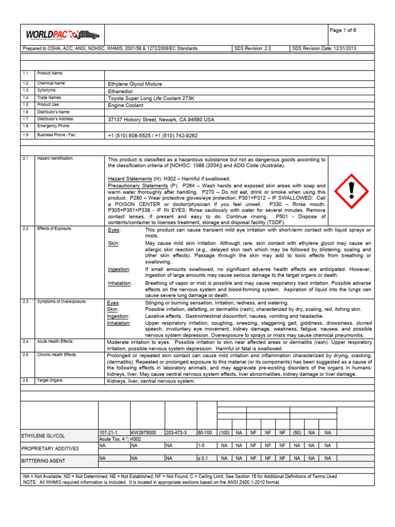 Toyota Super Long Life Coolant | PDF | Personal Protective Equipment | Dermatitis
