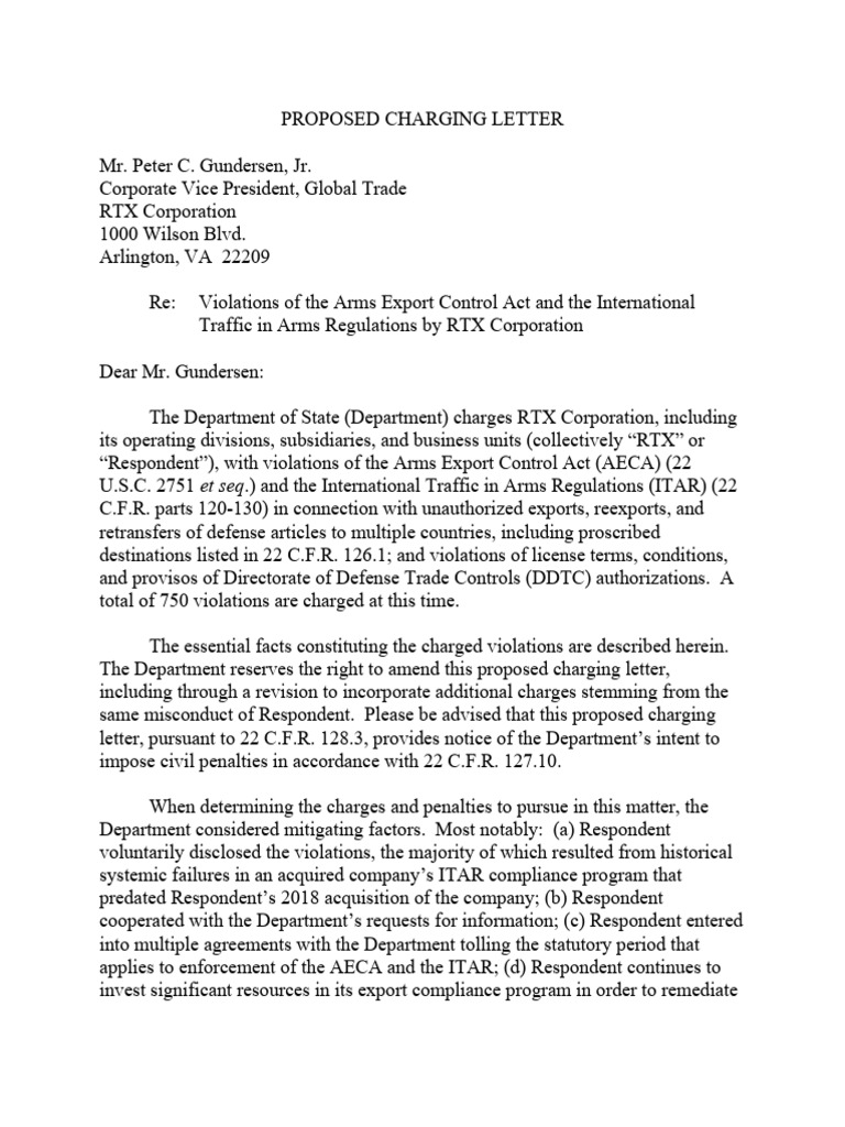 Proposed Charging Letter RTX 20240829 | PDF | Aviation