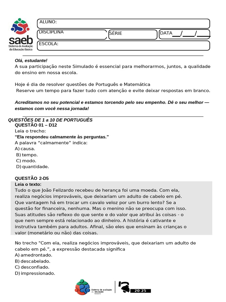 5º Simulados Saeb 2025 | PDF