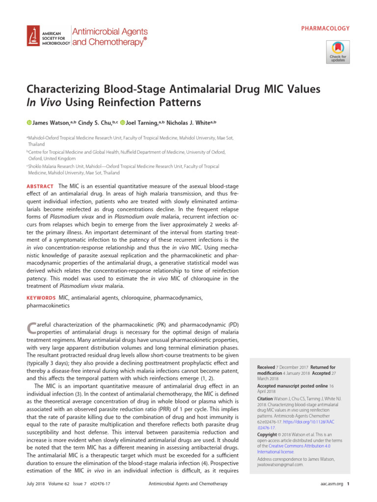 Watson Et Al Characterizing Blood Stage Antimalarial Drug Mic Values in ...