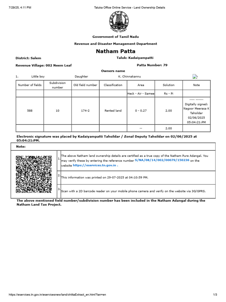 Natham Land Ownership Details in Salem | PDF