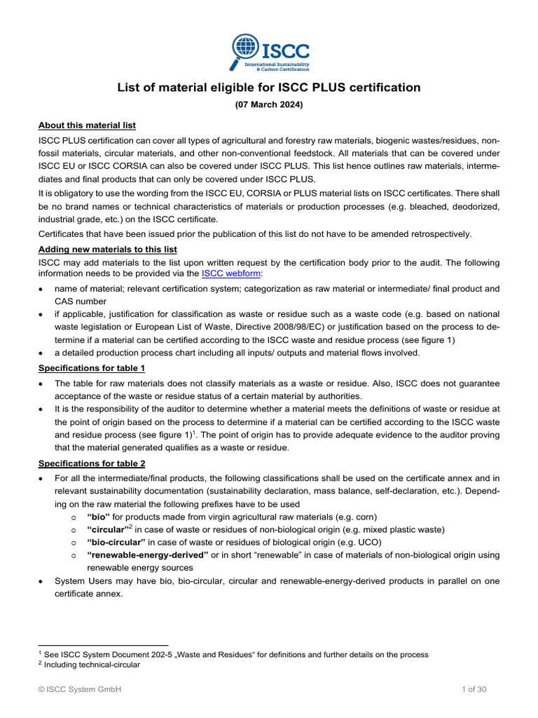 ISCC PLUS Material List 070324 | PDF | Alkane | Amine