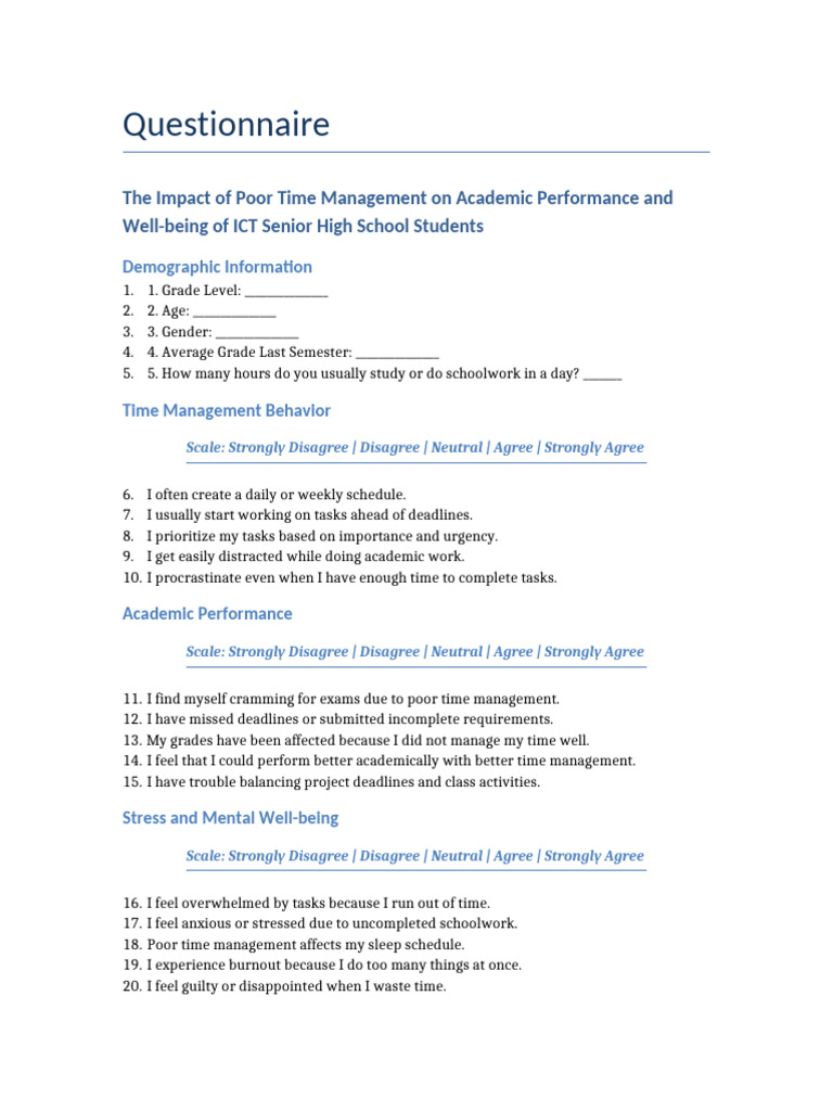 Poor Time Management Questionnaire ICT | PDF