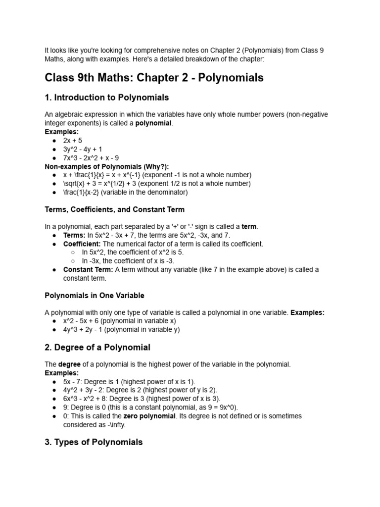 Class 9 Maths Chapter 2 Polynomials Pdf Factorization Polynomial