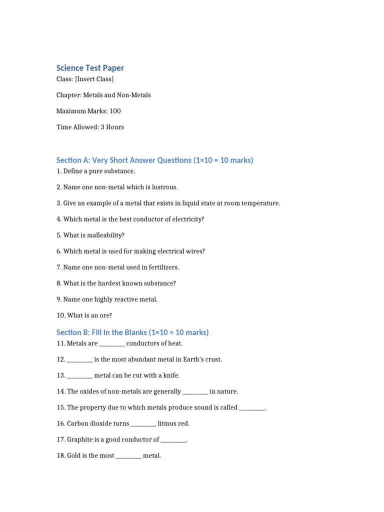 Class 10 Metals and Non-Metals Test Paper | PDF | Metals | Copper