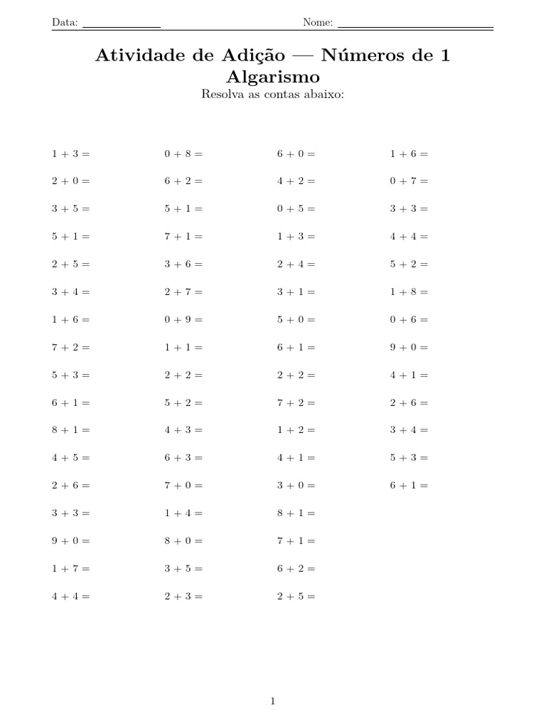 Addition Exercises for Numbers 1-9 | PDF
