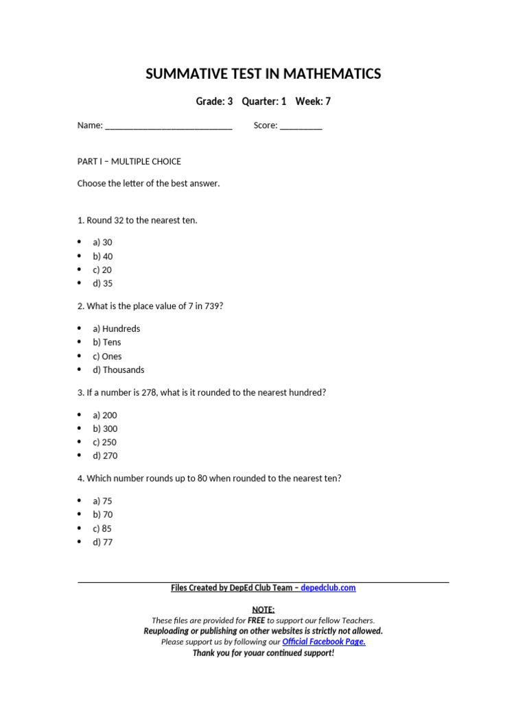 Summ - Test Mathematics 3 q1 w7 | PDF | Rounding | Mathematics