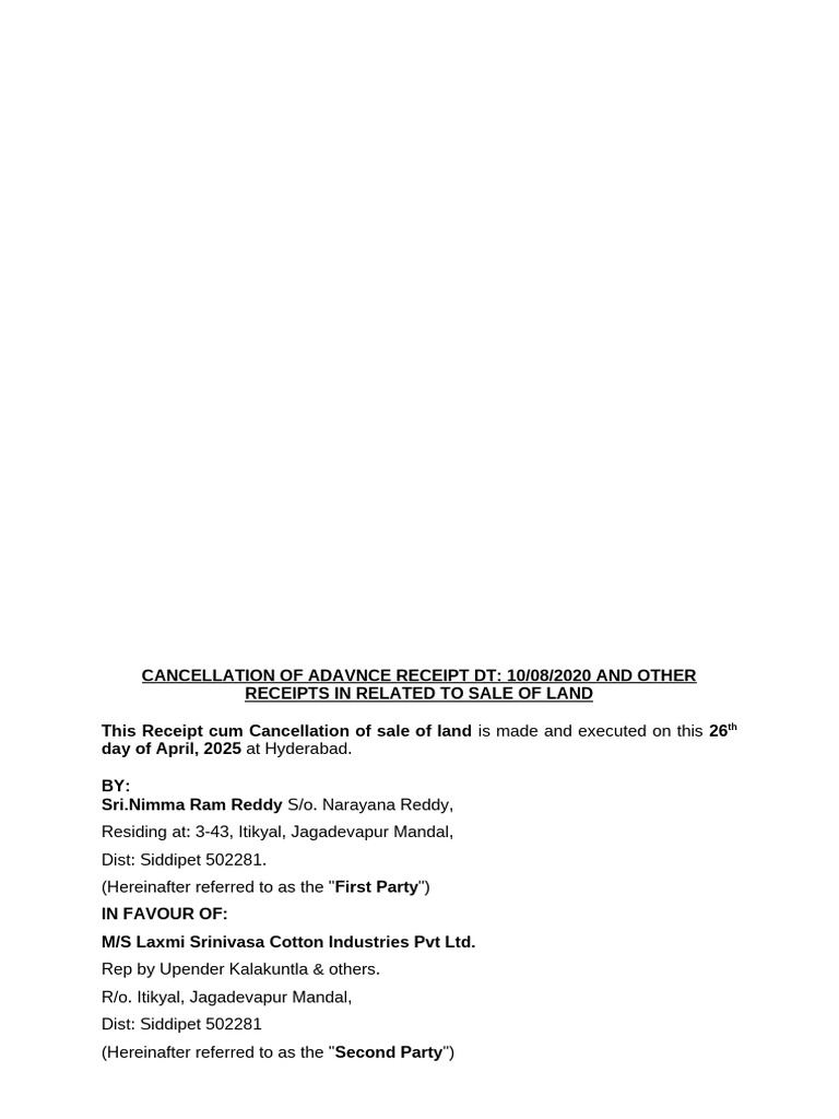 Land Sale Cancellation Agreement | PDF | Receipt | Business