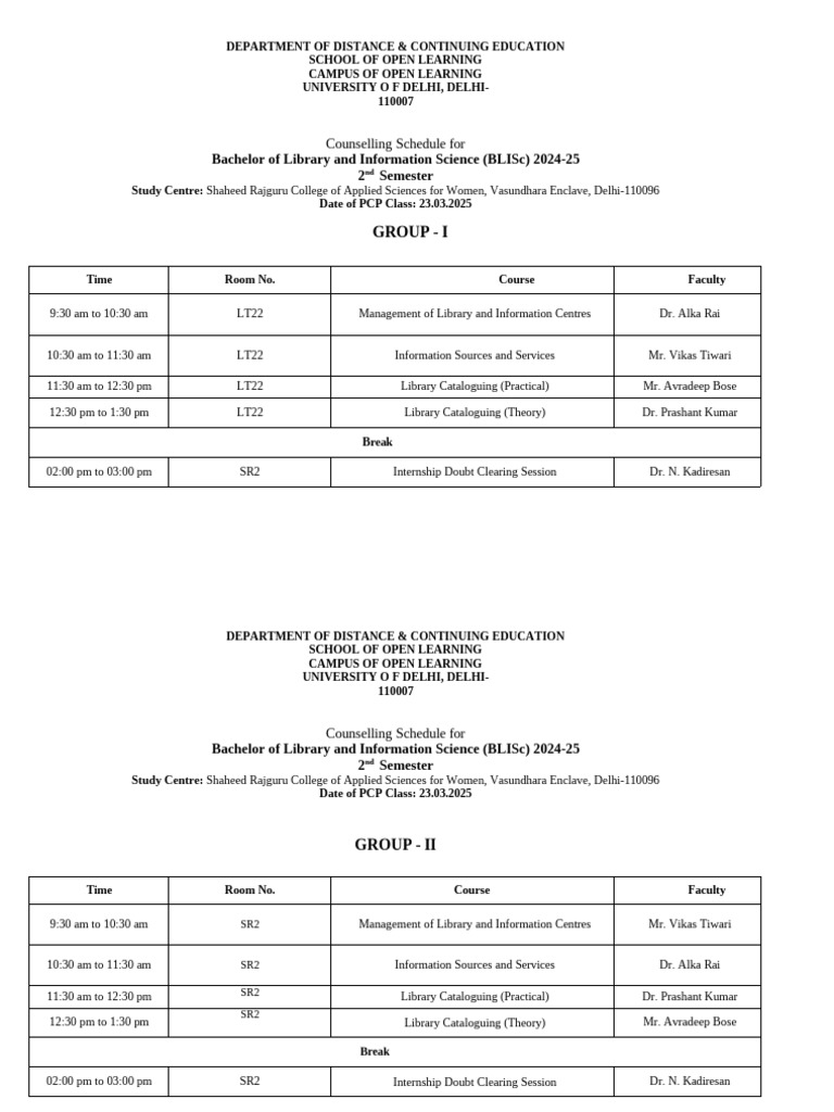 BLISc TimeTable 23.03.25 | PDF