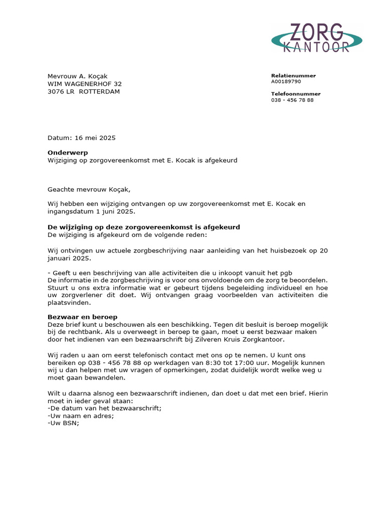 Wijziging Op Zorgovereenkomst Is Afgekeurd | PDF