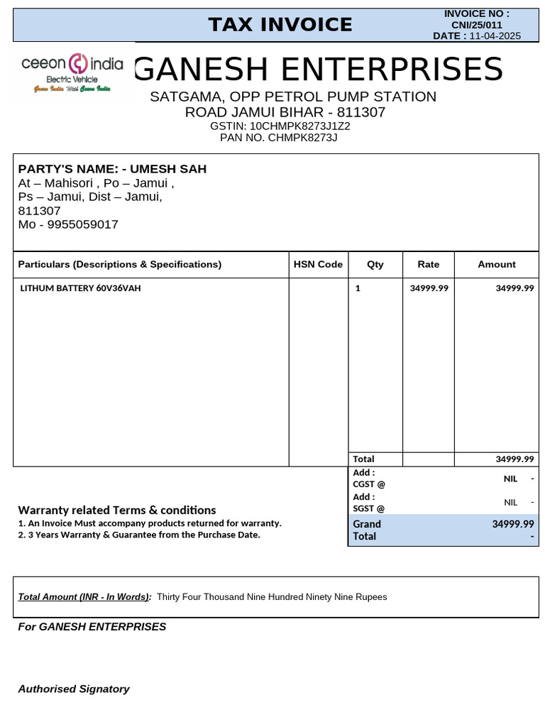 1 CEEON INDIA Sourav Kumar GST Invoice Format No. 30 | PDF