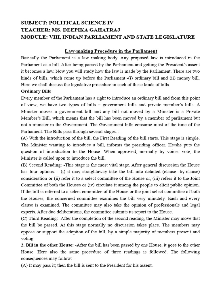Law Making Process in The Parliment | PDF | Bill (Law) | Budget