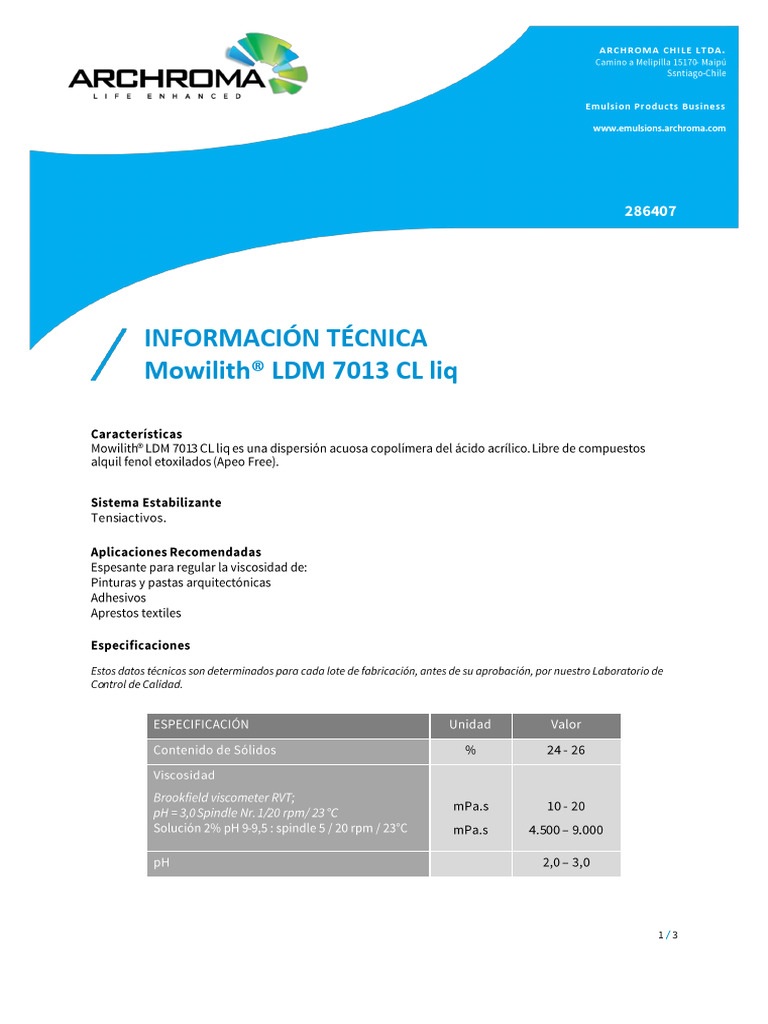 Mowilith® LDM 7013 CL: Espesante Acuático | PDF