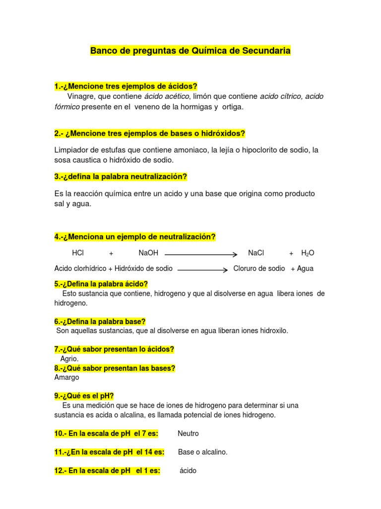 Banco de preguntas de Química de Secundaria