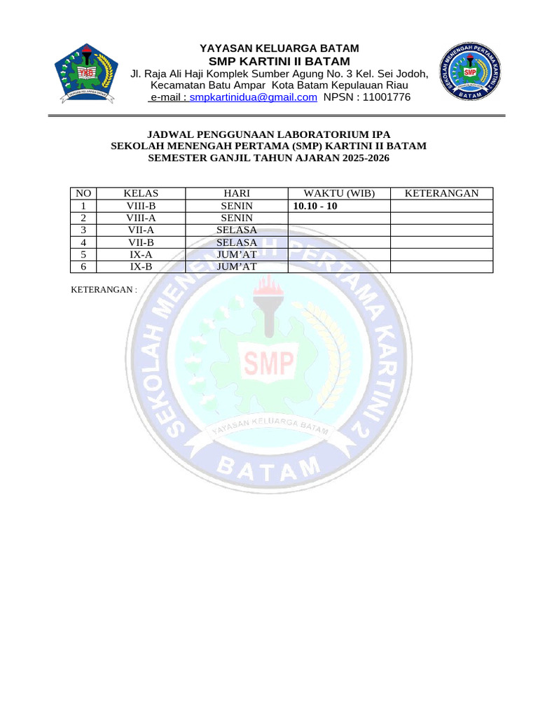 Jadwal Laboratorium IPA SMP Kartini II | PDF