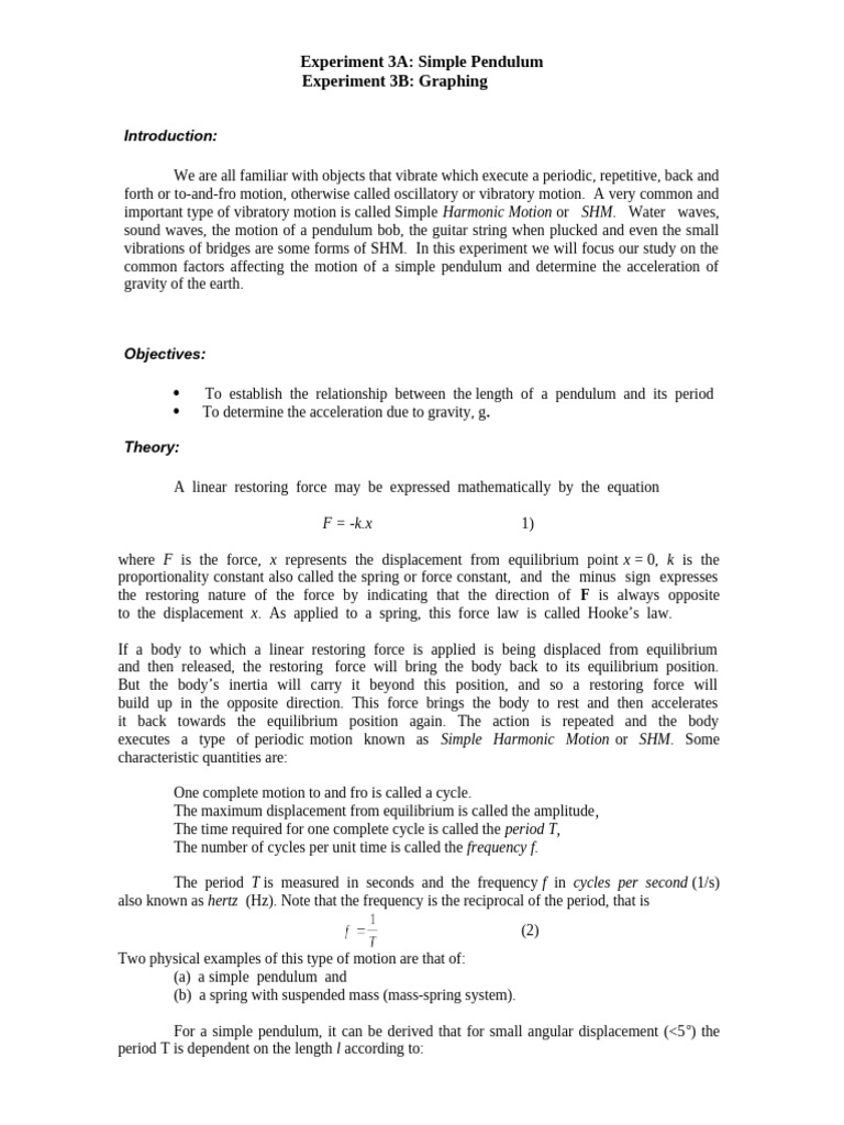 Expt. 3A Simple Pendulum 3B Graphing Manual Nov. 2022 Recent | PDF | Frequency | Force