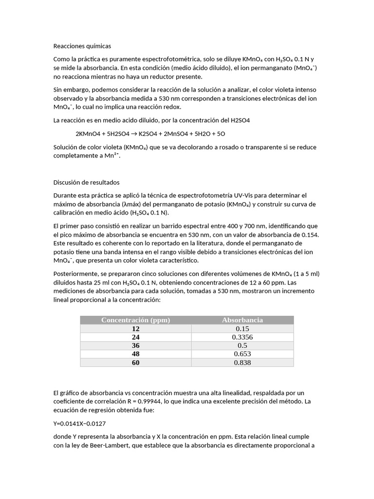 Reacciones química2 | PDF | Concentración | Espectroscopía ultravioleta-visible