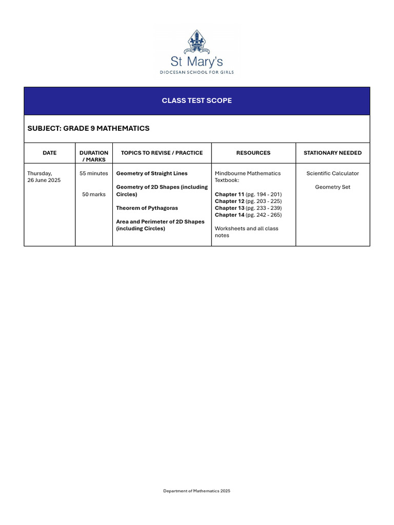 Grade 9 Math Test Scope 2025 | PDF