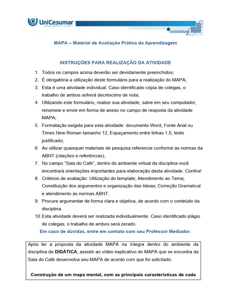 Instruções para Atividade MAPA | PDF | Pedagogia | Aprendizado