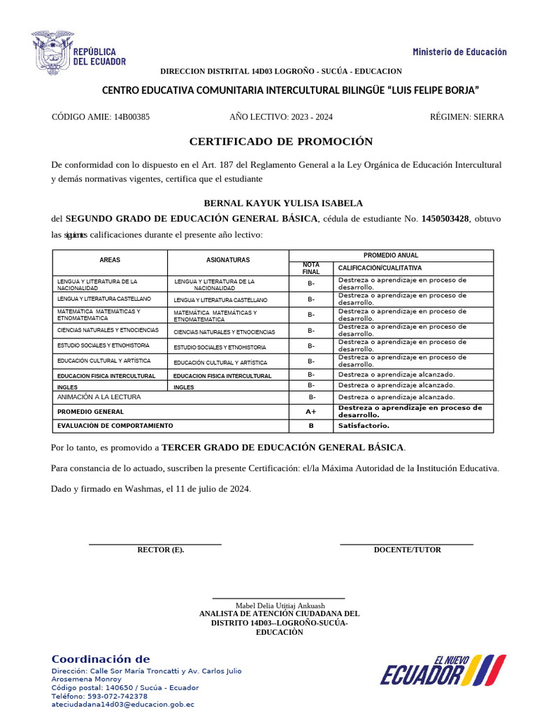 Certificado de Promoción Escolar 2023-2024 | PDF | Aprendizaje ...