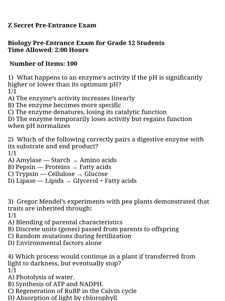 Biology Pre-Entrance Exam Guide | PDF | Enzyme | Natural Selection