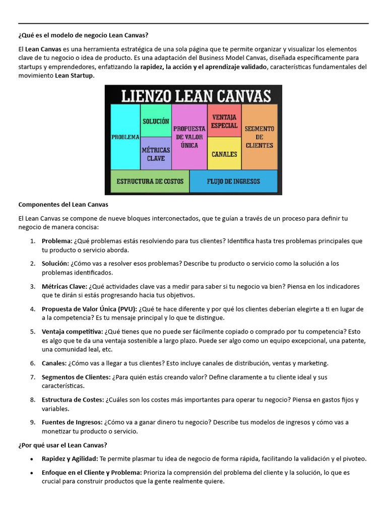 Qué Es El Modelo de Negocio Lean Canvas | PDF | Empresa de inicio | Pequeñas empresas y ...