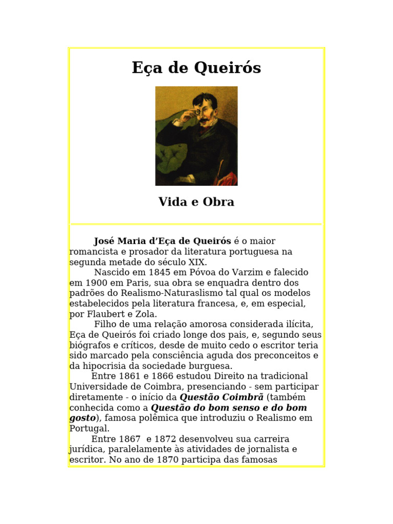 Eça de Queirós: Vida e Obras Principais | PDF | Realismo (artes)