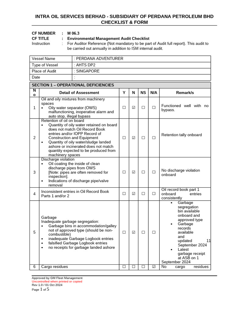 M06.3. Environment Audit Checklist | PDF | Pollution | Environmental Issues