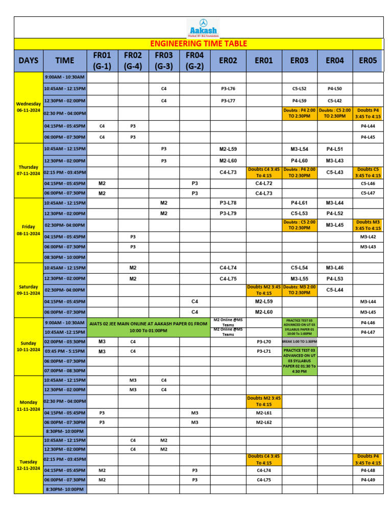 Engineering Time Table November 2024 | PDF