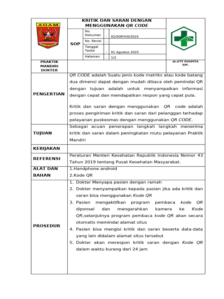 Sop Saran DG QR Praktik Mandiri | PDF